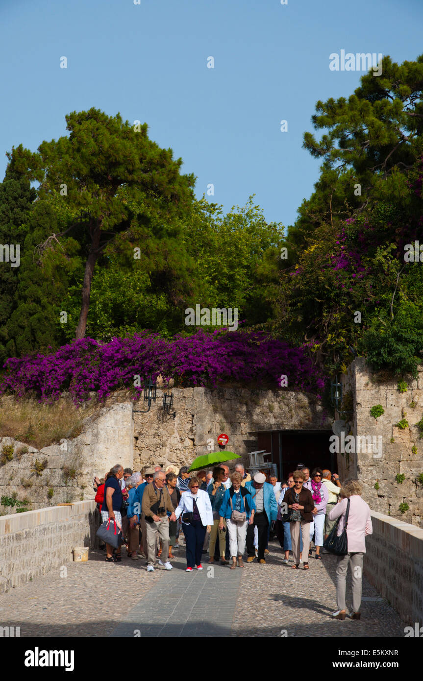 Tourist group with a guide going over the moat into th old town at ...