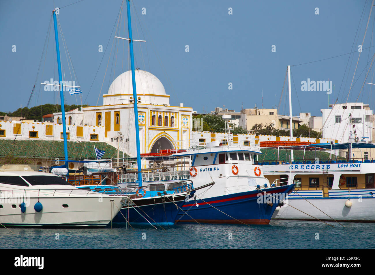 Boats in Mandraki port harbour area, Rhodes island, Dodecanese islands ...