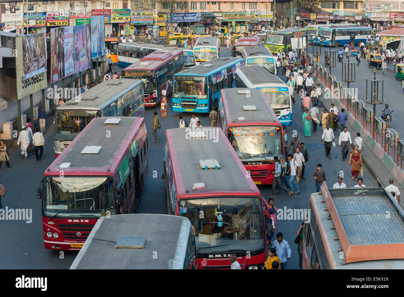 Busy traffic at a bus terminal, Kempegowda Bus Station or Majestic Bus ...