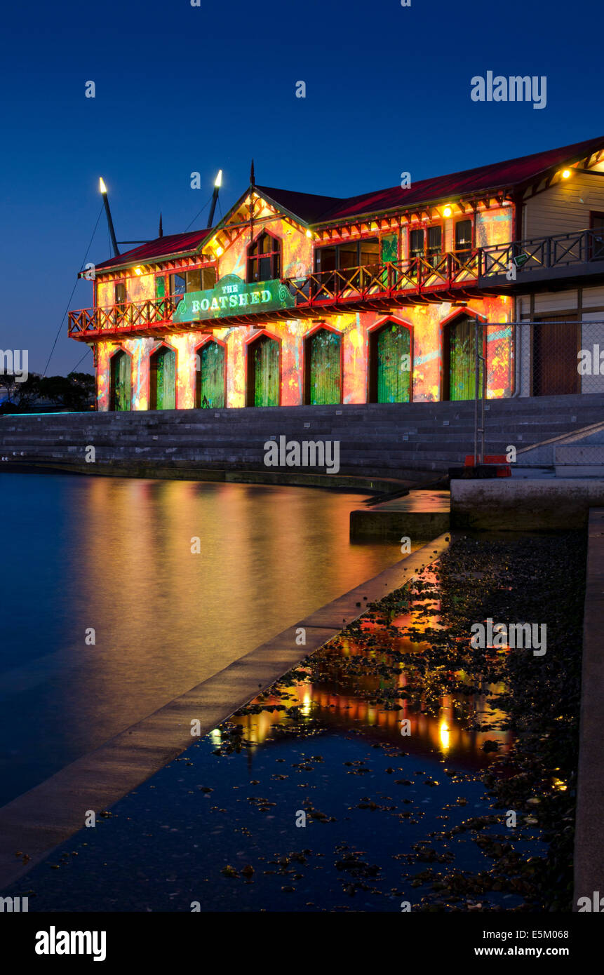 Coloured images projected onto buildings, Rowing, Club, boatshed ...