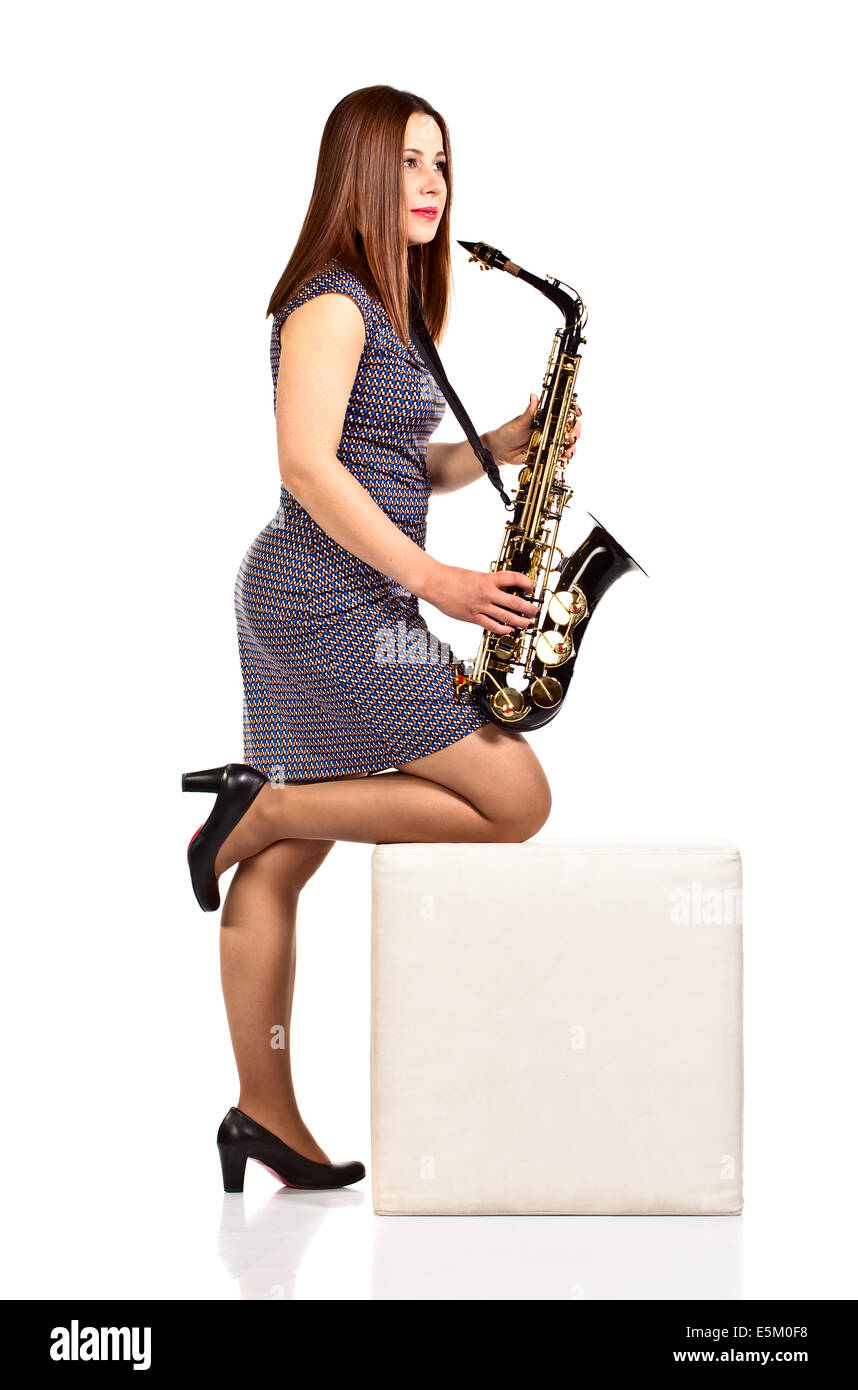 woman with saxophone isolated on white background Stock Photo - Alamy