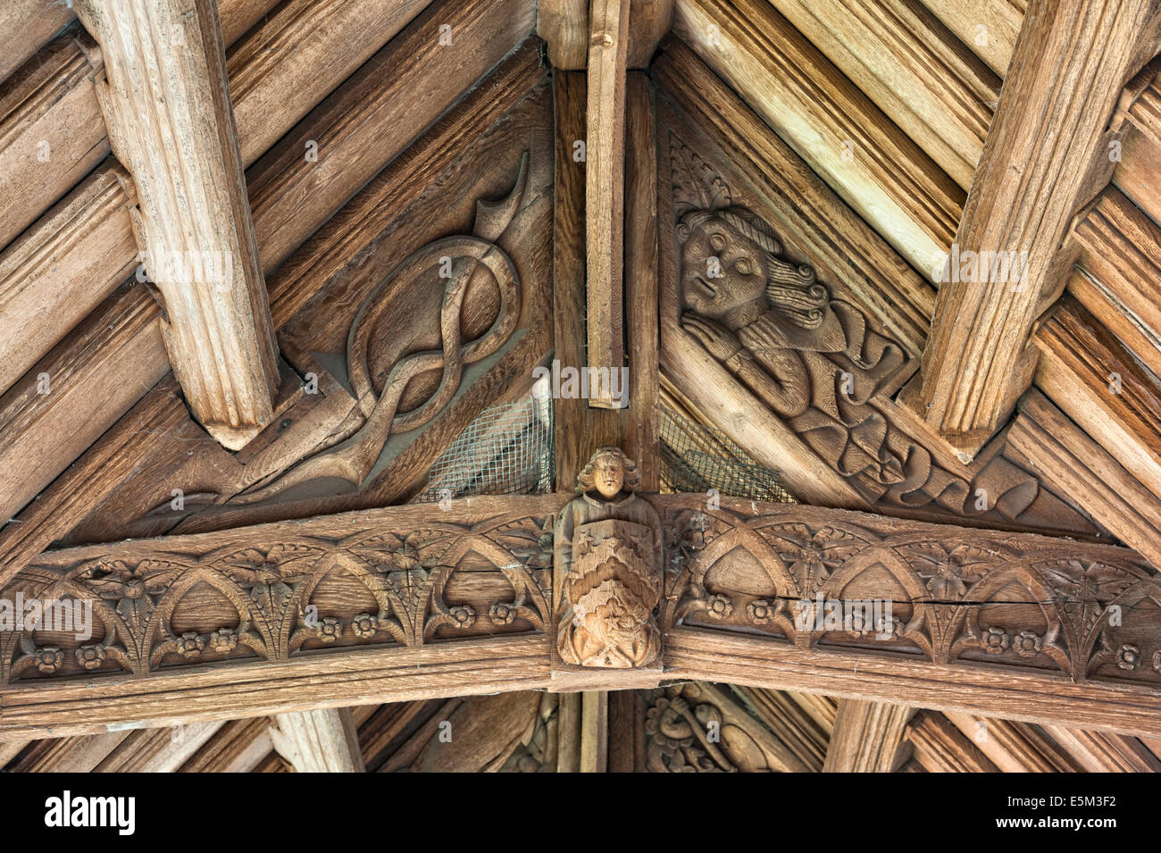 Hereford Cathedral, UK. Medieval wood carvings in the roof of the 15c ...