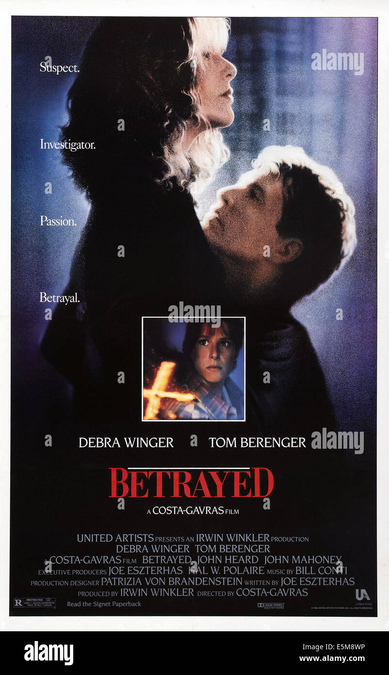 BETRAYED, US poster art, from left: Debra Winger, Tom Berenger; center ...