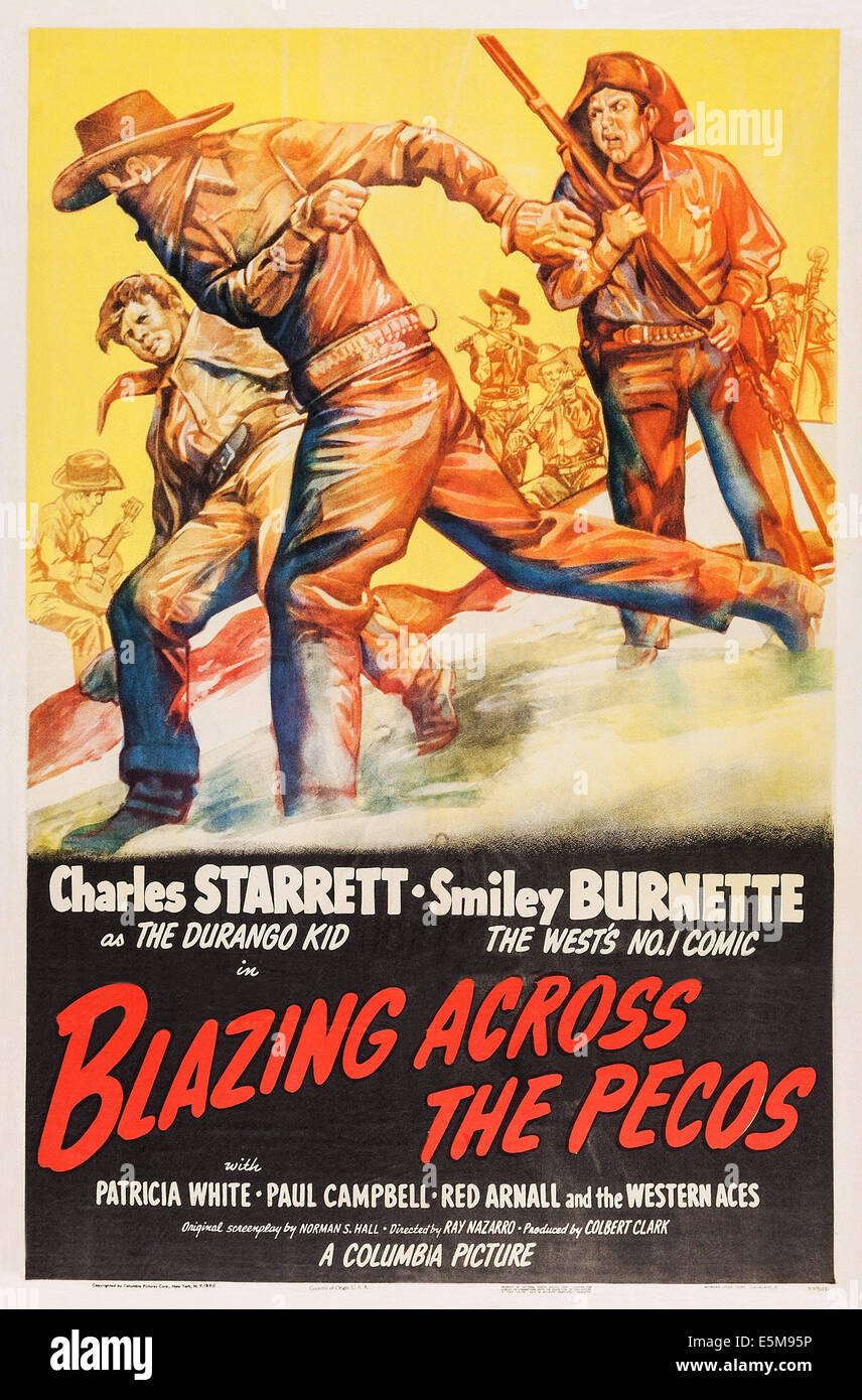 BLAZING ACROSS THE PECOS, l-r: Charles Starrett, Smiley Burnette on ...