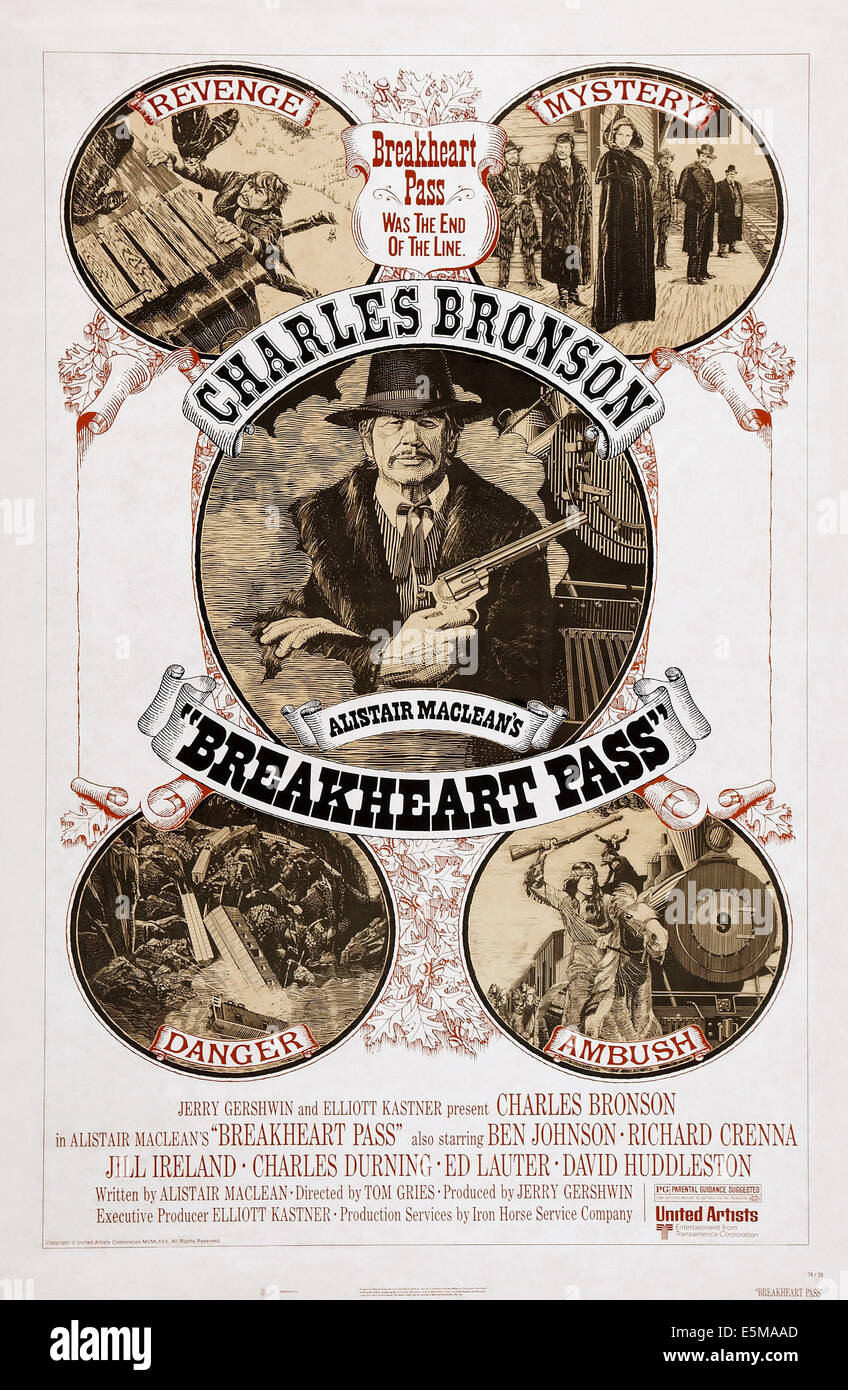 BREAKHEART PASS, center: Charles Bronson on poster art, 1975 Stock ...