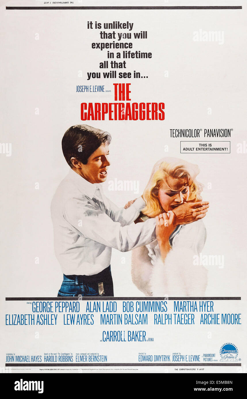THE CARPETBAGGERS, l-r: George Peppard, Carroll Baker on poster art ...