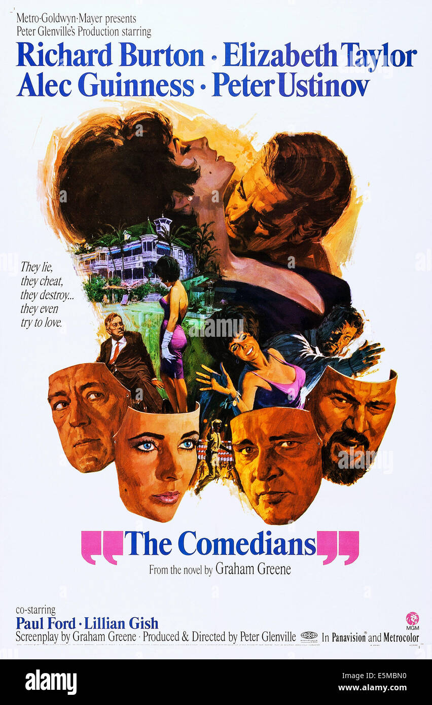 THE COMEDIANS, US poster, bottom from left: Alec Guinness, Elizabeth ...