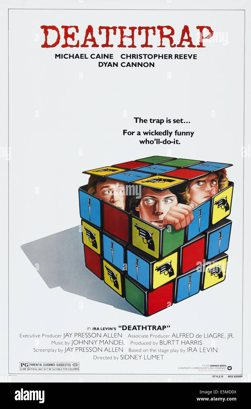 DEATHTRAP, US poster, from left: Michael Caine, Christopher Reeve, Dyan ...