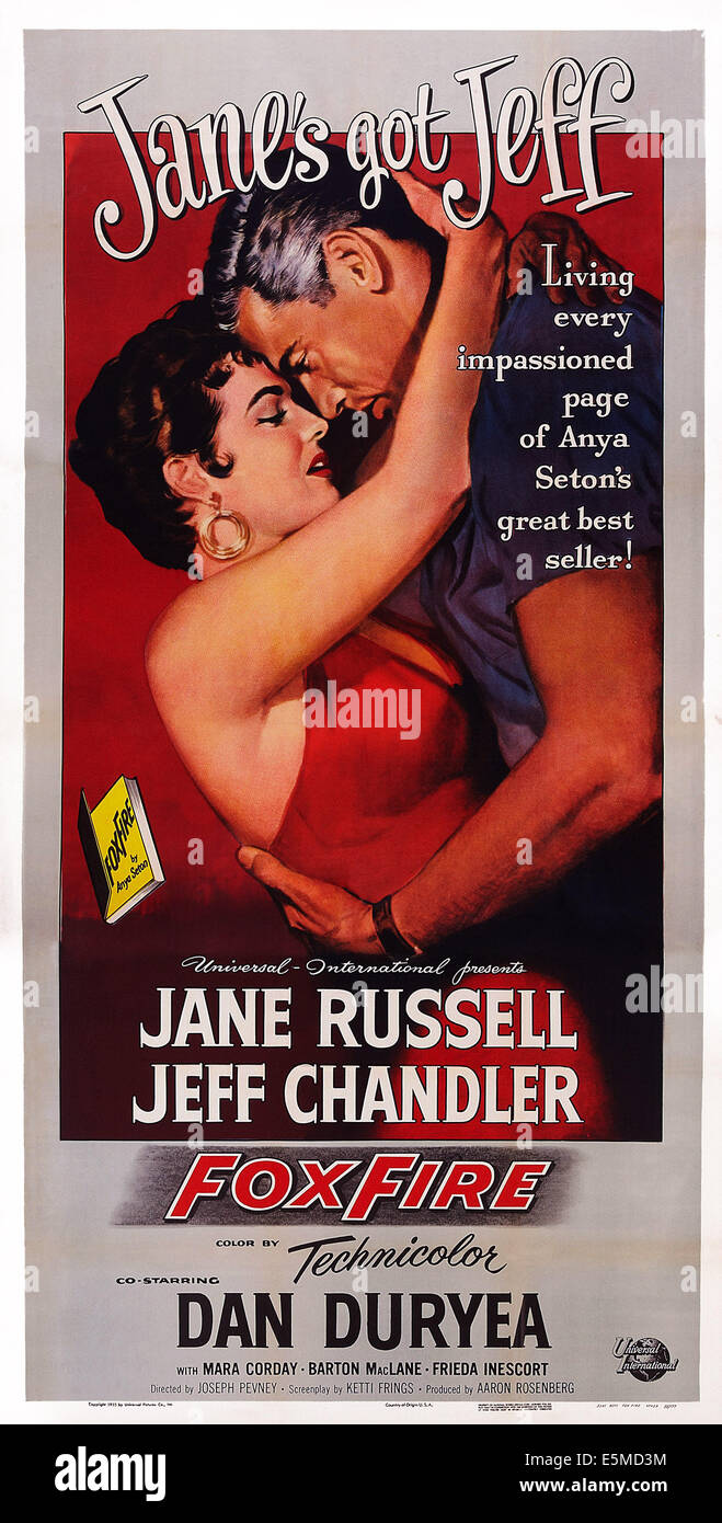 FOXFIRE, US poster art, from left: Jane Russell, Jeff Chandler, 1955 ...