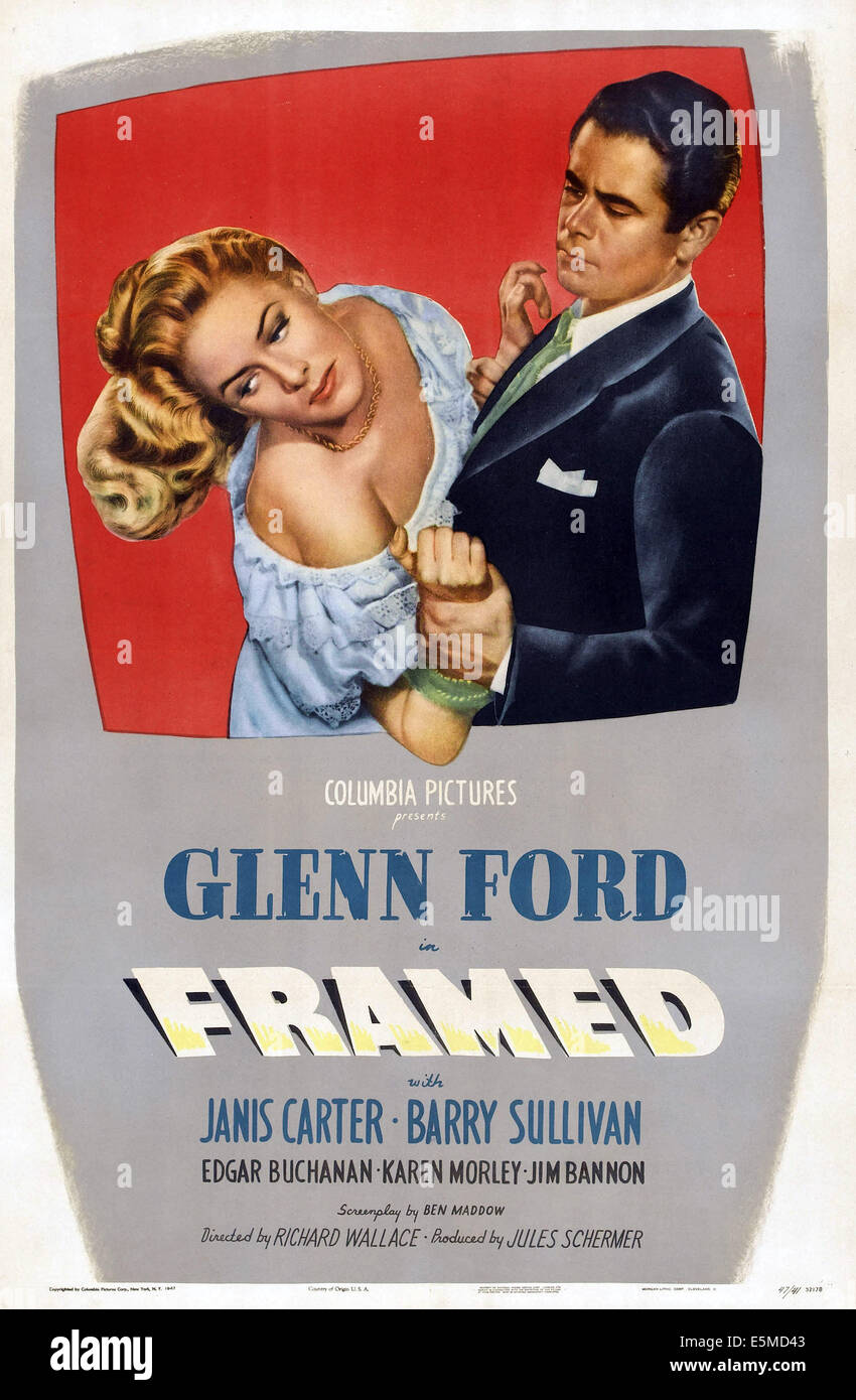 FRAMED, US poster art, from left: Janis Carter, Glenn Ford, 1947 Stock ...