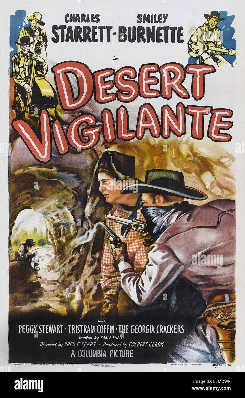 DESERT VIGILANTE, l-r: Smiley Burnette, Charles Starrett on poster art ...