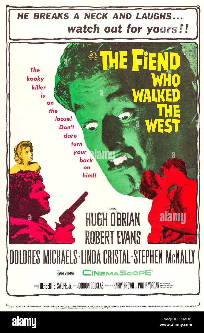 THE FIEND WHO WALKED THE WEST, US poster, Hugh O'Brian (center), 1958 ...