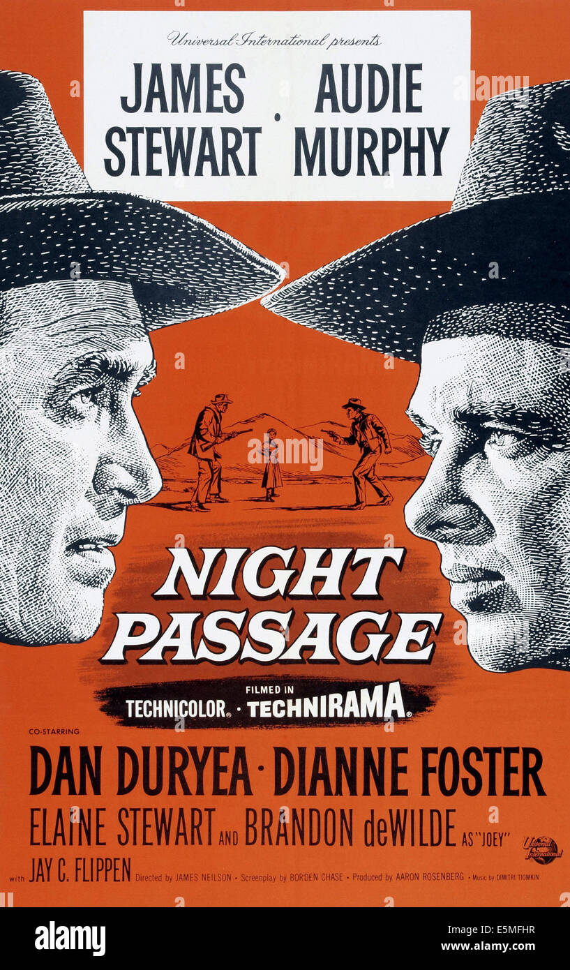NIGHT PASSAGE, l-r: James Stewart, Audie Murphy on poster art, 1957 ...