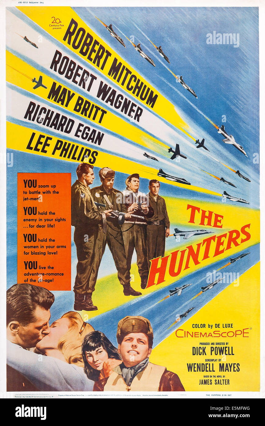 THE HUNTERS, US poster art, from bottom left: Robert Mitchum, May Britt ...