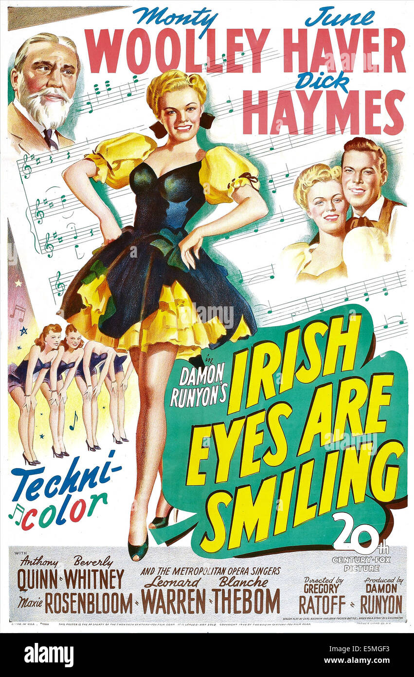IRISH EYES ARE SMILING, US poster, Monty Woolley (top left), June Haver ...