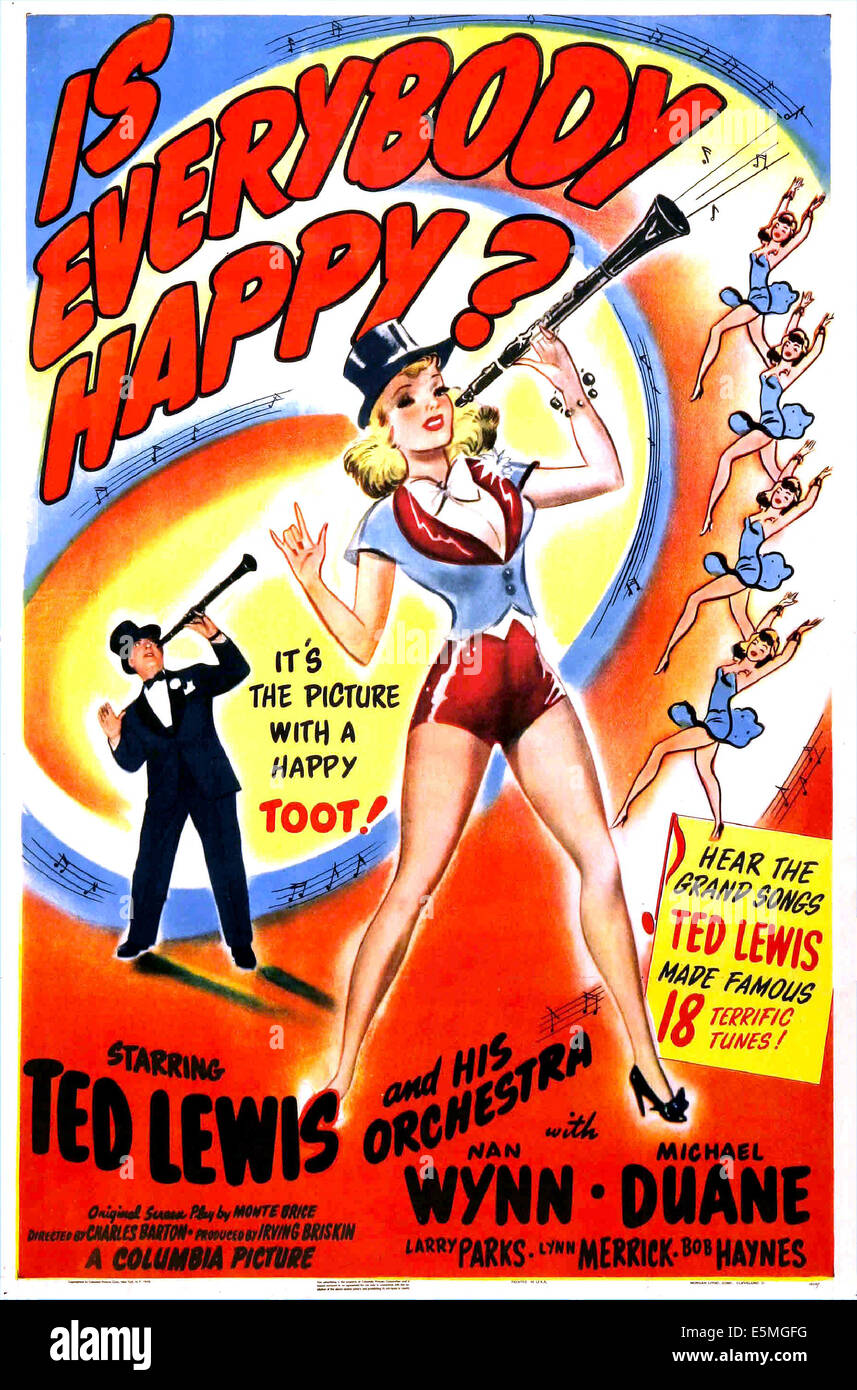 IS EVERYBODY HAPPY?, US poster, from front: Alice Day, Ted Lewis, 1943 ...