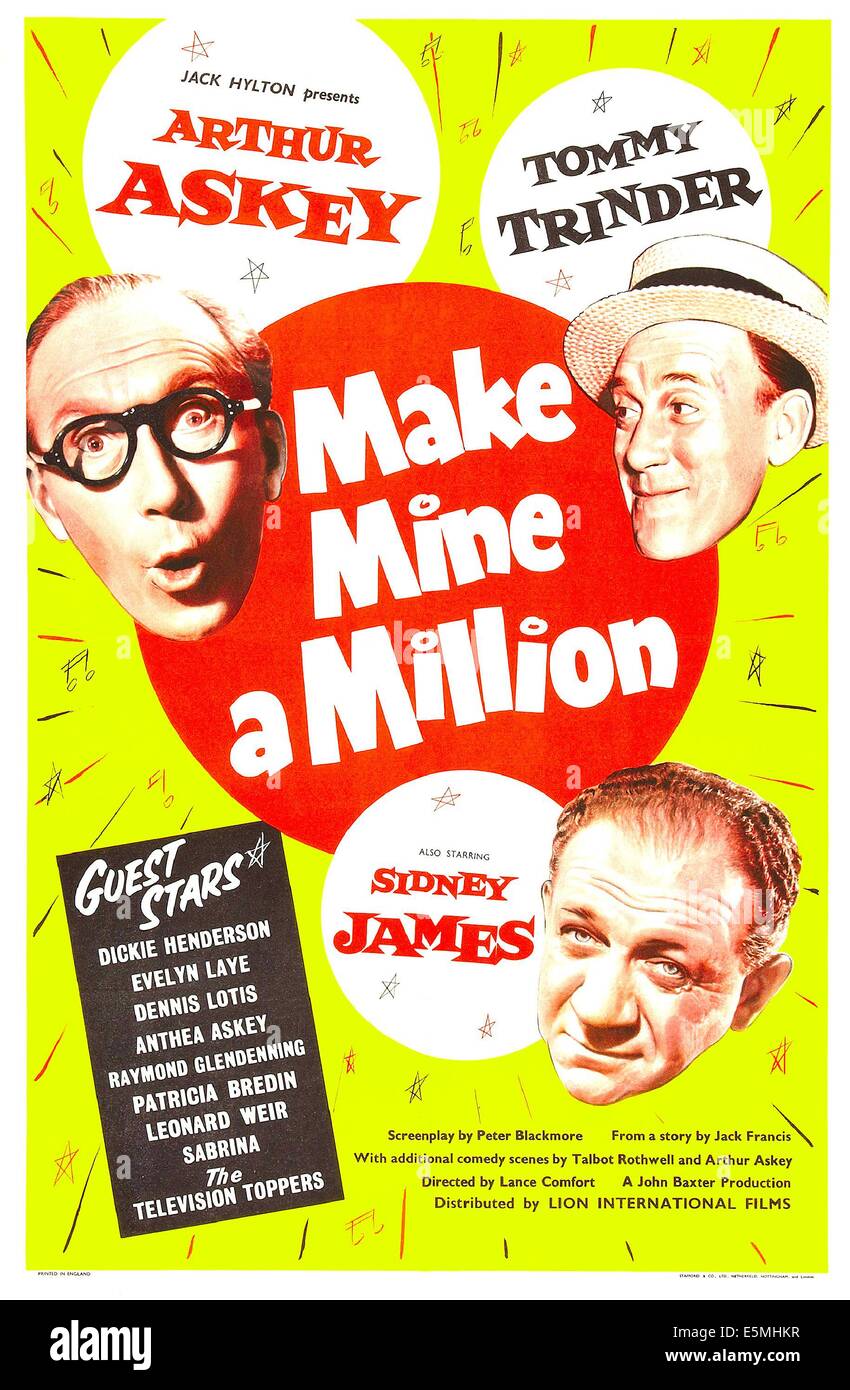 MAKE MINE A MILLION, US poster art, Arthur Askey, Tommy Trinder, Sidney ...
