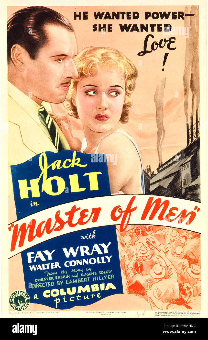 MASTER OF MEN, from left: Jack Holt, Fay Wray on midget window card ...