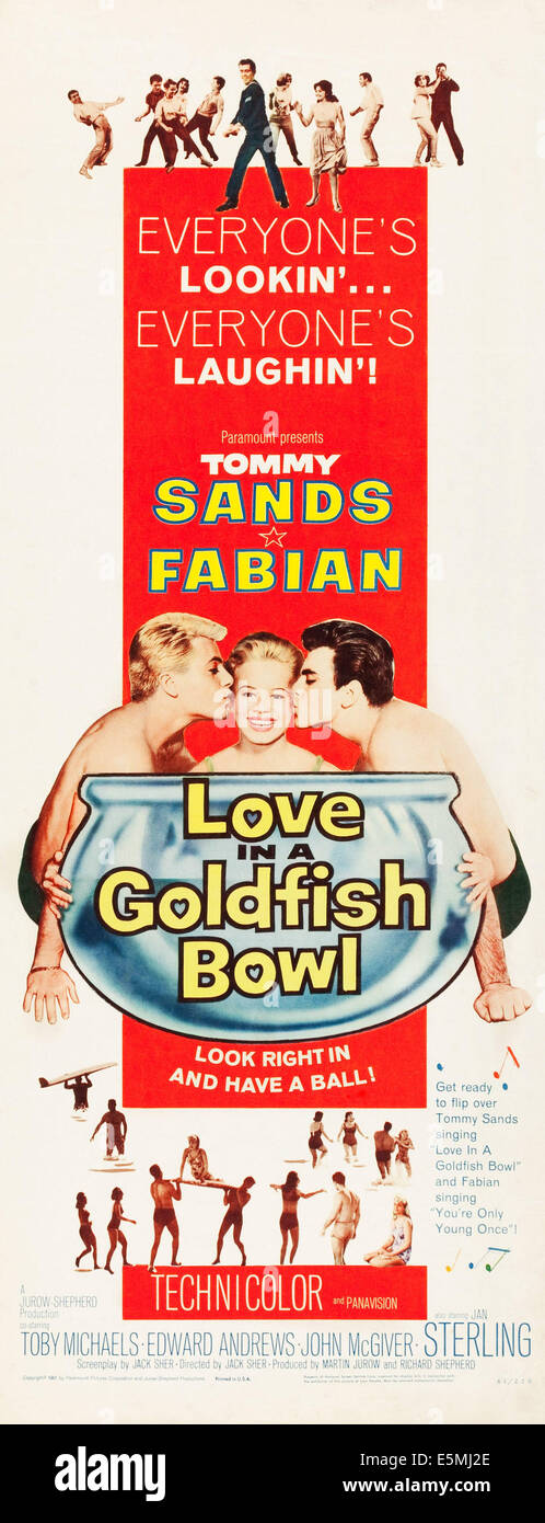 LOVE IN A GOLDFISH BOWL, U.S. poster, from left: Fabian, Toby Michaels ...
