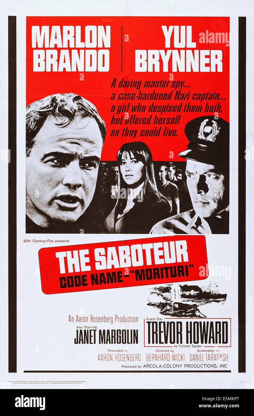 MORITURI, l-r: Marlon Brando, Janet Margolin, Yul Brynner on poster art ...