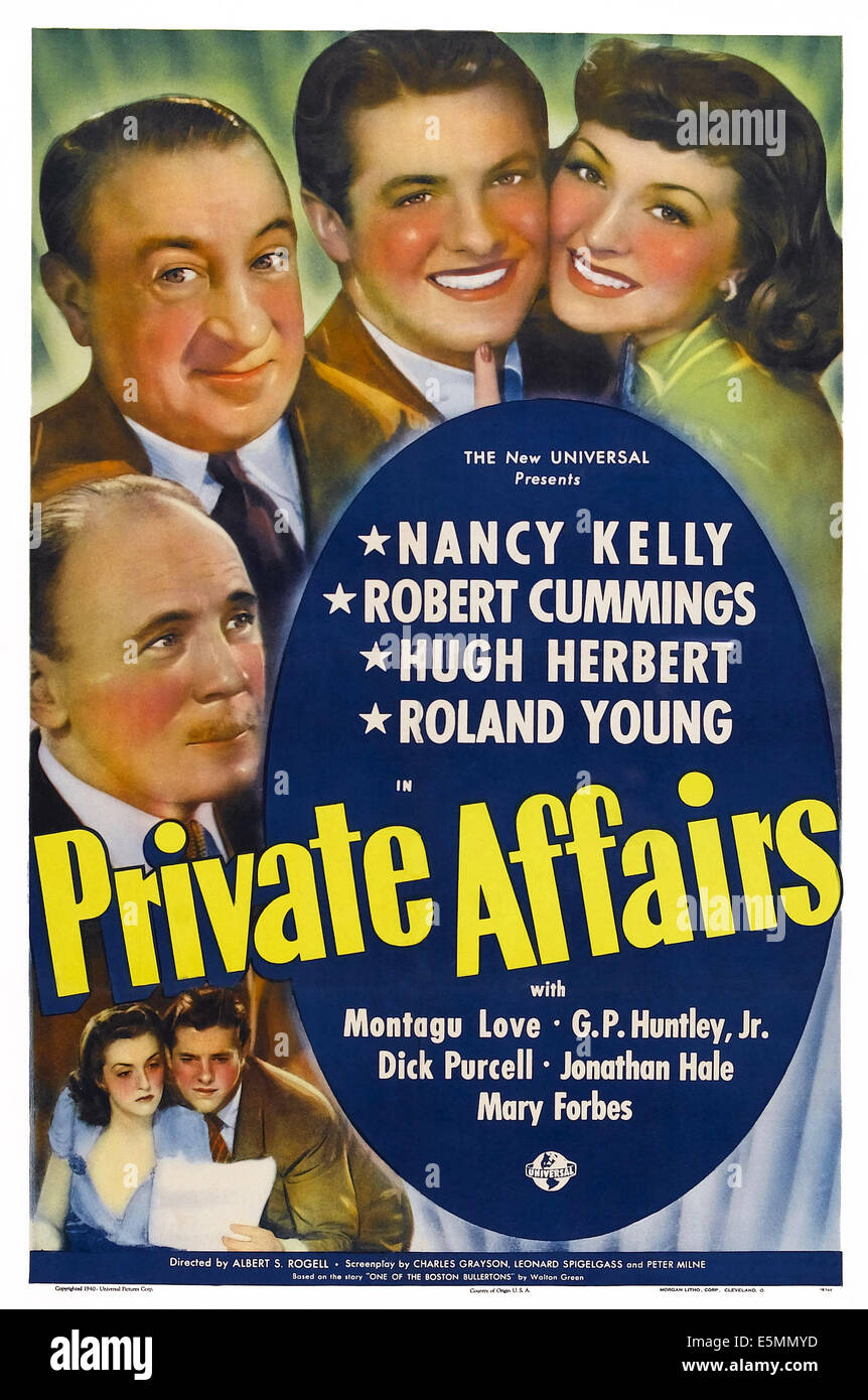 PRIVATE AFFAIRS, US poster, cheek to cheek bottom from left: Nancy ...