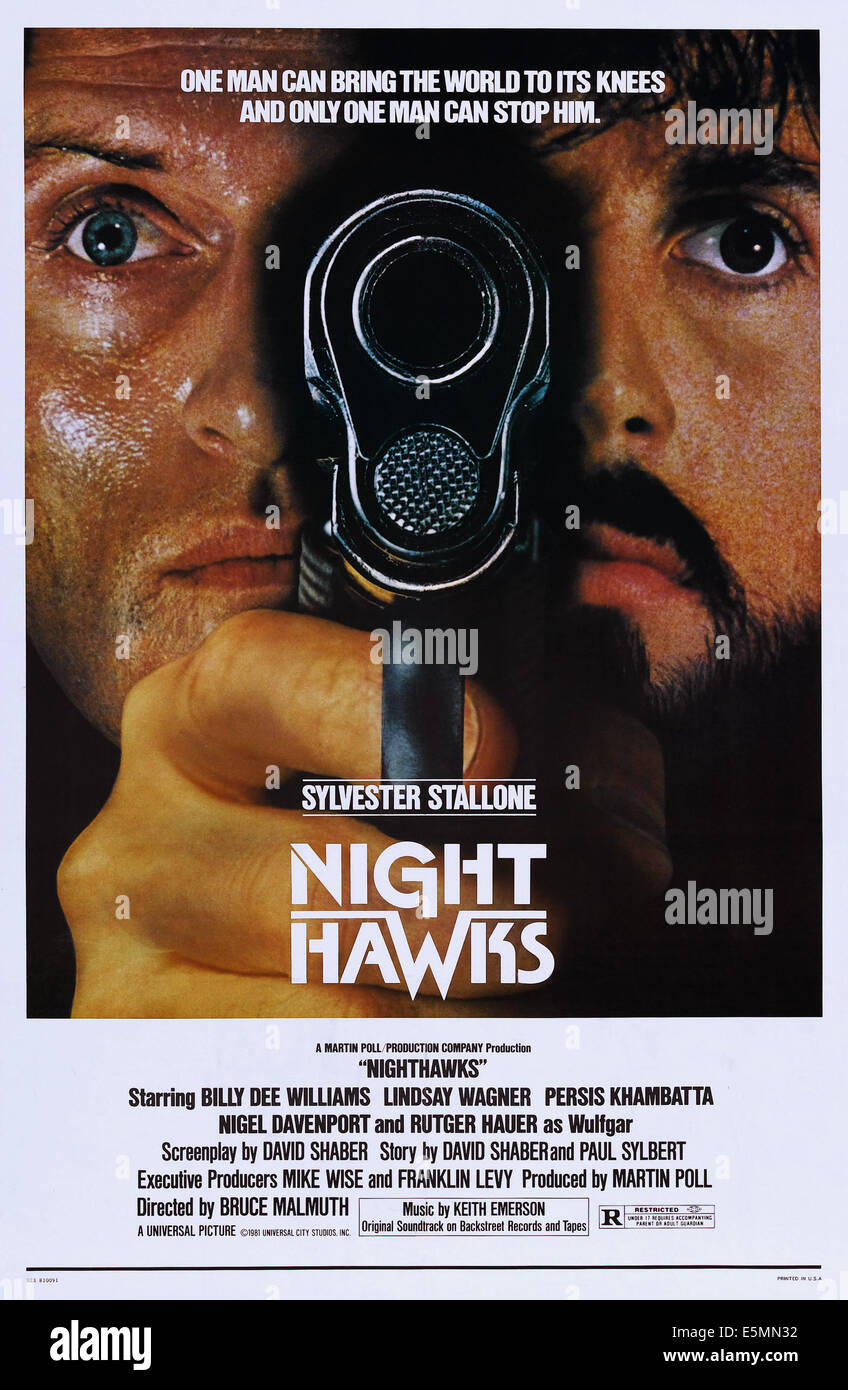 NIGHT HAWKS, l-r: Rutger Hauer, Sylvester Stallone on poster art, 1981 ...