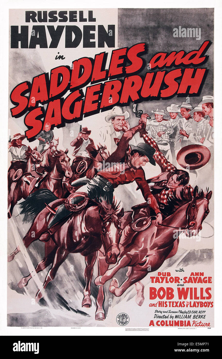 SADDLES AND SAGEBRUSH, US poster, Russell Hayden (front left), 1943 ...
