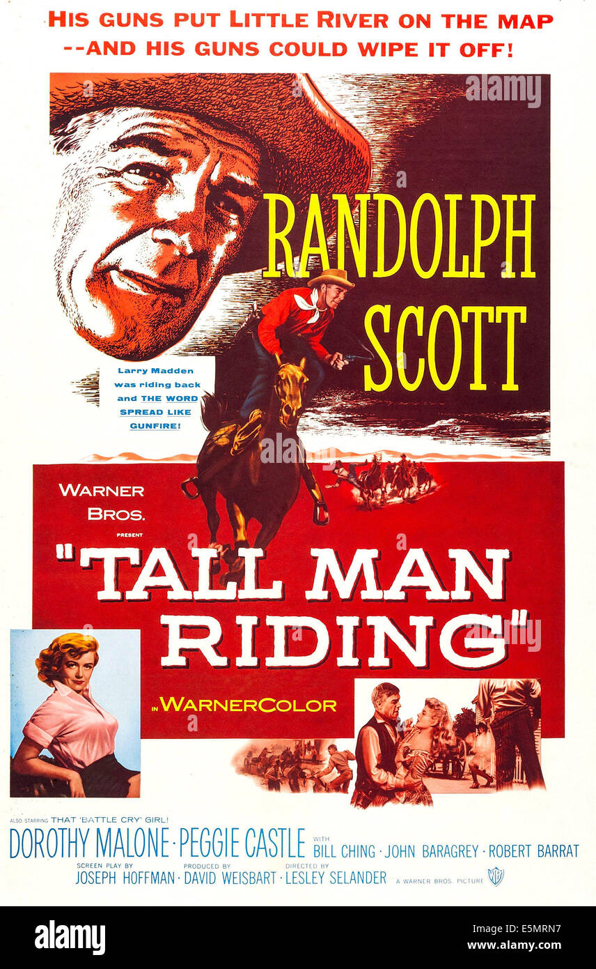 TALL MAN RIDING, US poster art, top left: Randolph Scott, 1955 Stock ...