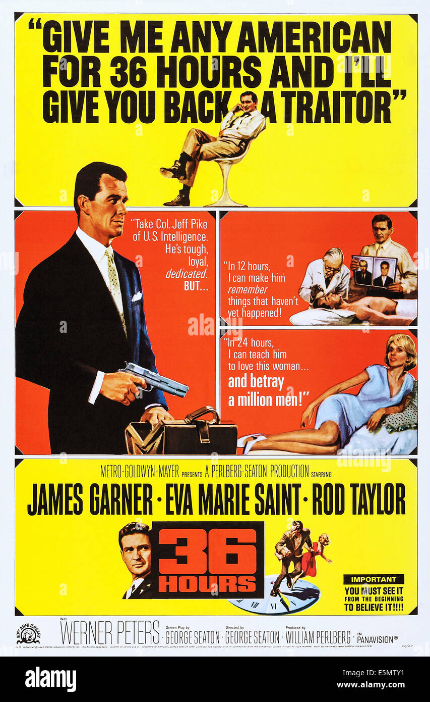 36 HOURS, US poster art, Rod Taylor, (top), James Garner, (left), Eva ...