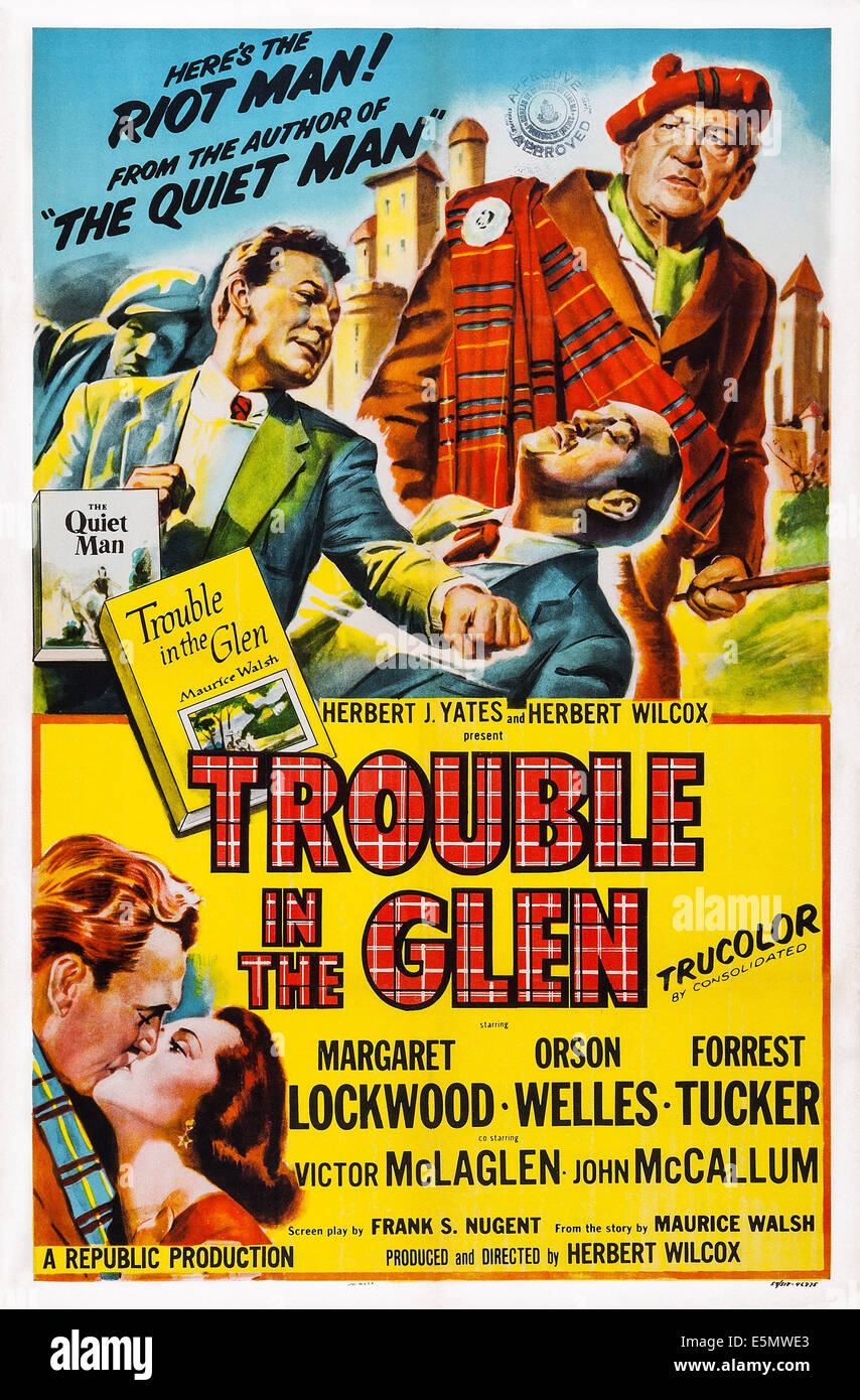 TROUBLE IN THE GLEN, US poster, Victor McLaglen (rear), top from left ...
