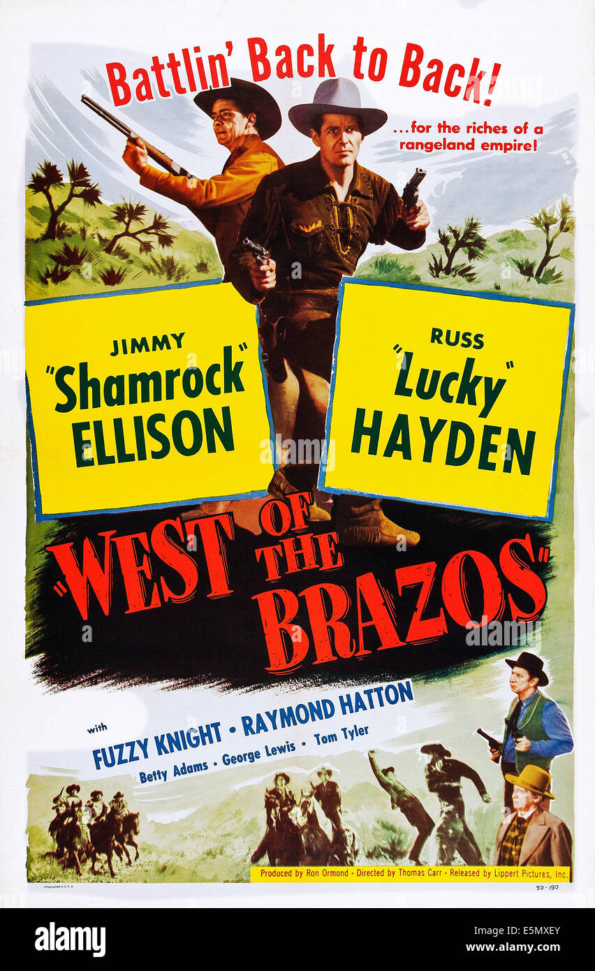 WEST OF THE BRAZOS, US poster art, top from left: Russell Hayden, James ...