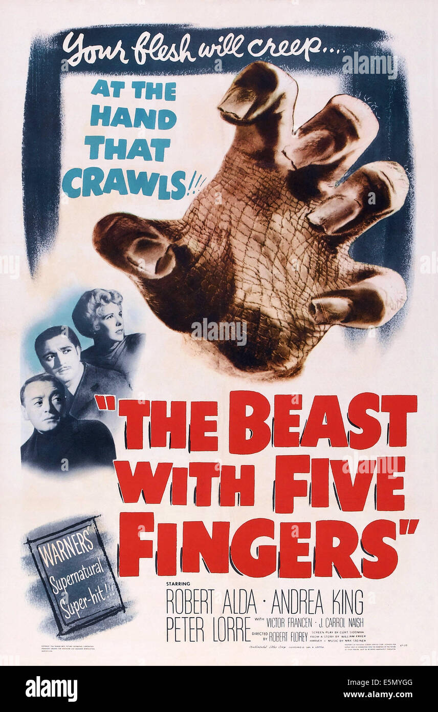 THE BEAST WITH FIVE FINGERS, US poster, l-r: Peter Lorre, Robert Alda ...
