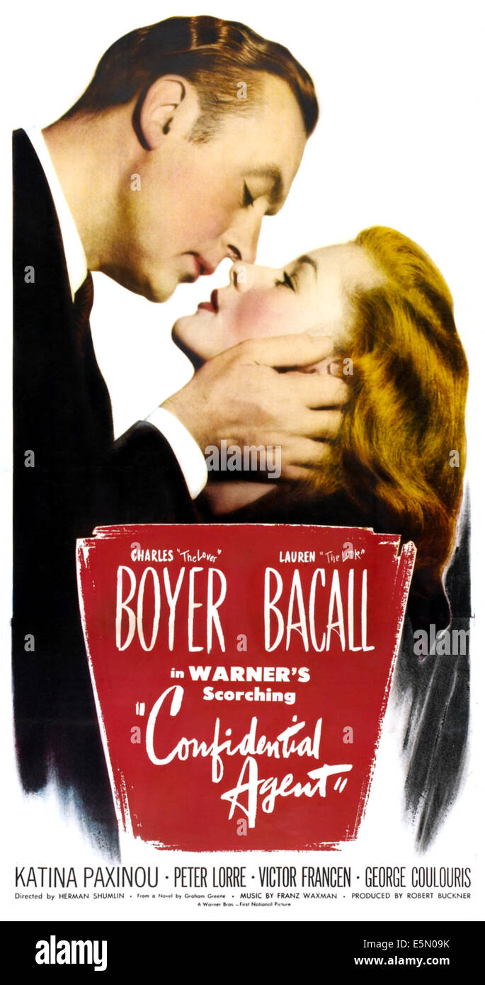 CONFIDENTIAL AGENT, from left: Charles Boyer, Lauren Bacall, 1945 Stock ...