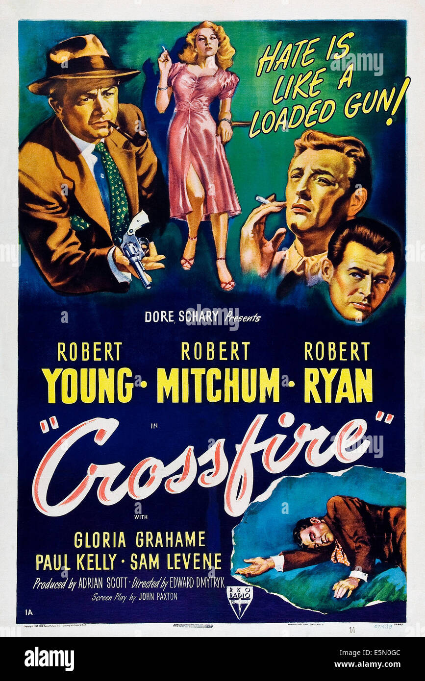 CROSSFIRE, Robert Young, Robert Mitchum, Gloria Grahame, Robert Ryan ...
