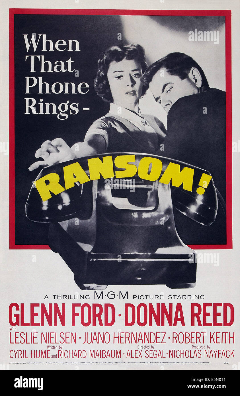 RANSOM!, US poster art, from left: Donna Reed, Glenn Ford, 1956 Stock ...