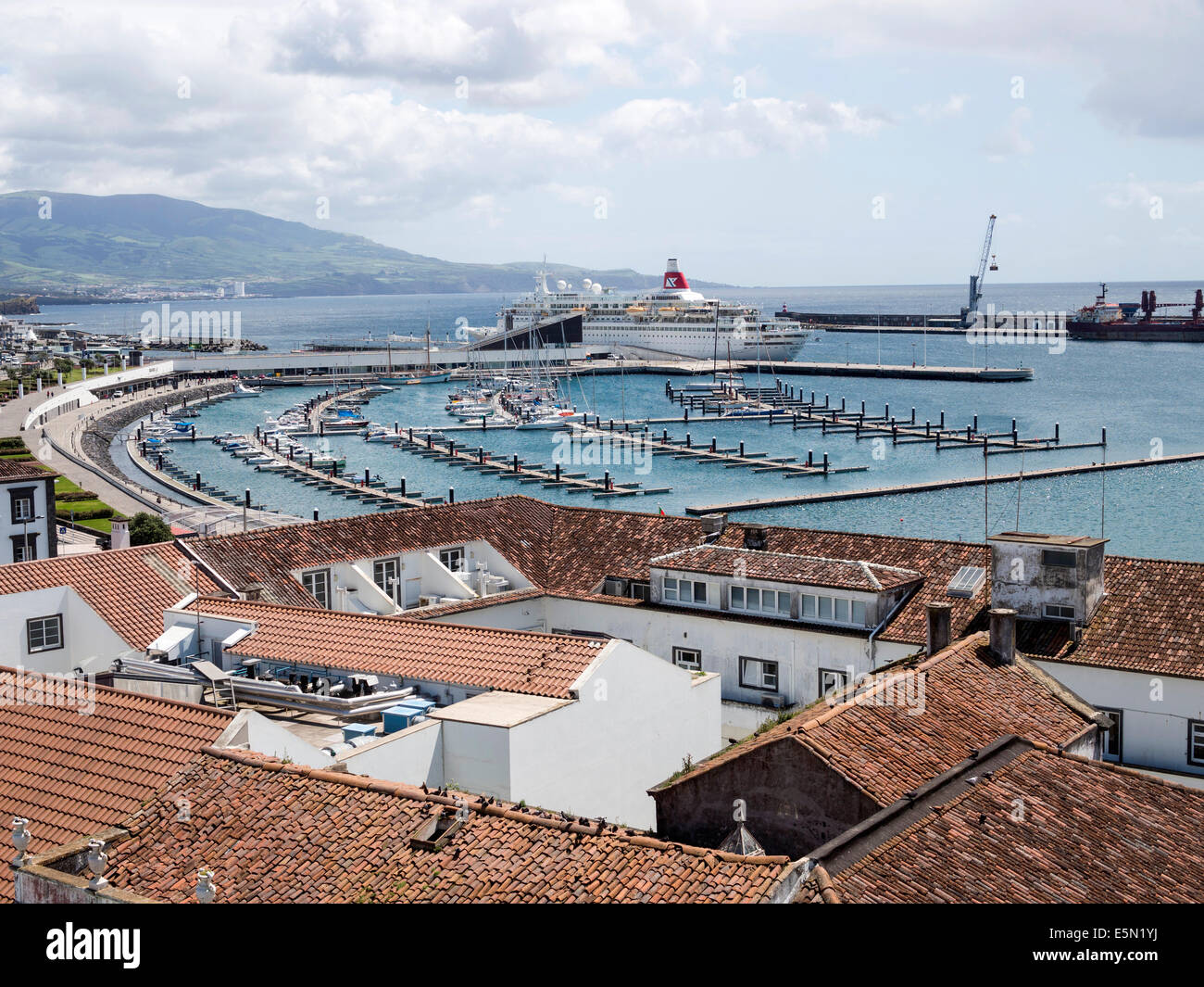 aerial view, Ponta Delgada town harbour, S.Miguel Island,the Azores ...