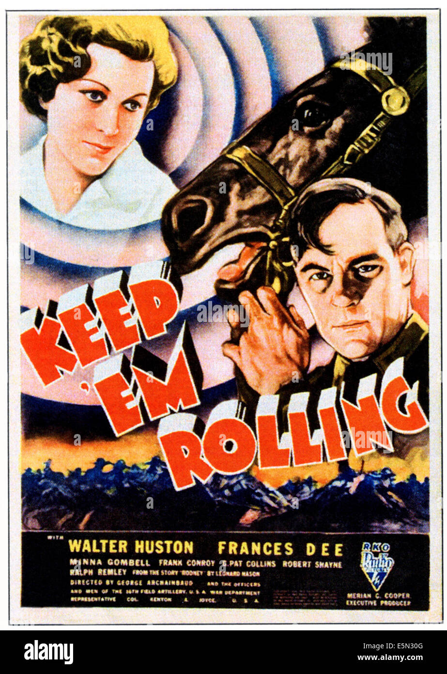 KEEP 'EM ROLLING, from left: Frances Dee, Walter Huston on midget window card, 1934 Stock Photo ...