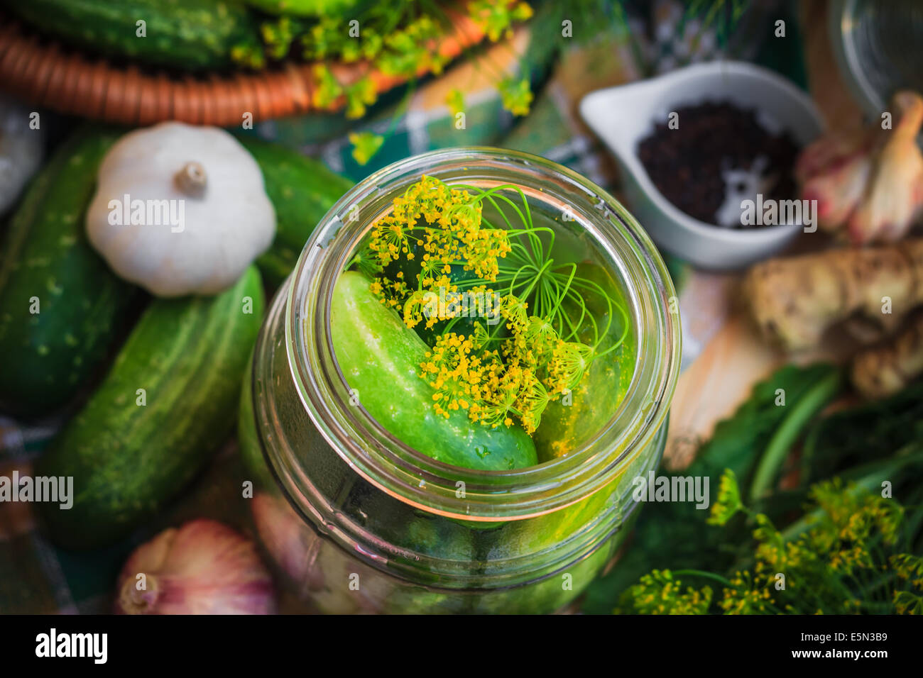 Top view of a jar of pickles and other ingredients for pickling Stock ...