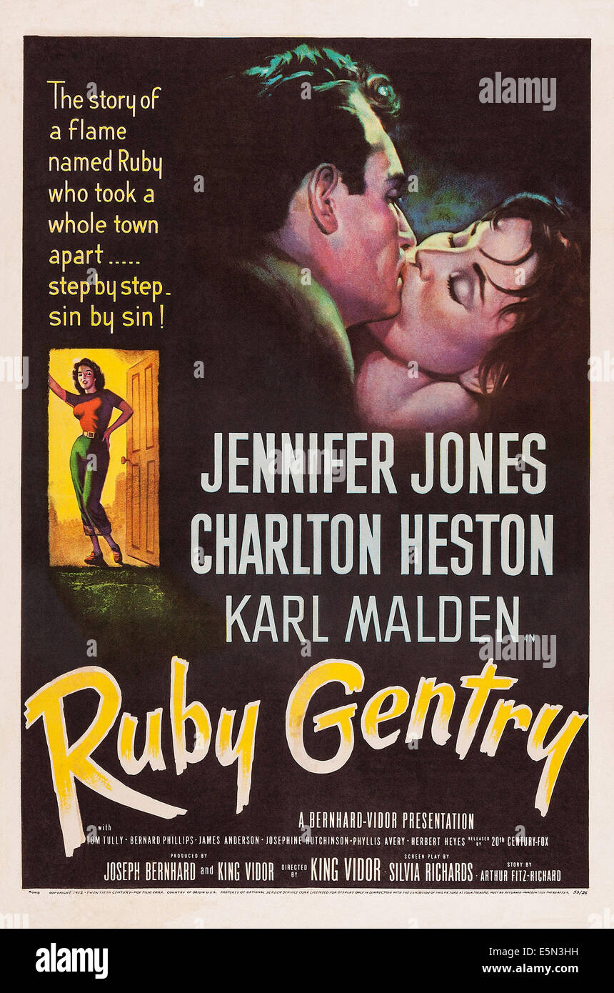 RUBY GENTRY, US poster art, from left: Charlton Heston, Jennifer Jones ...
