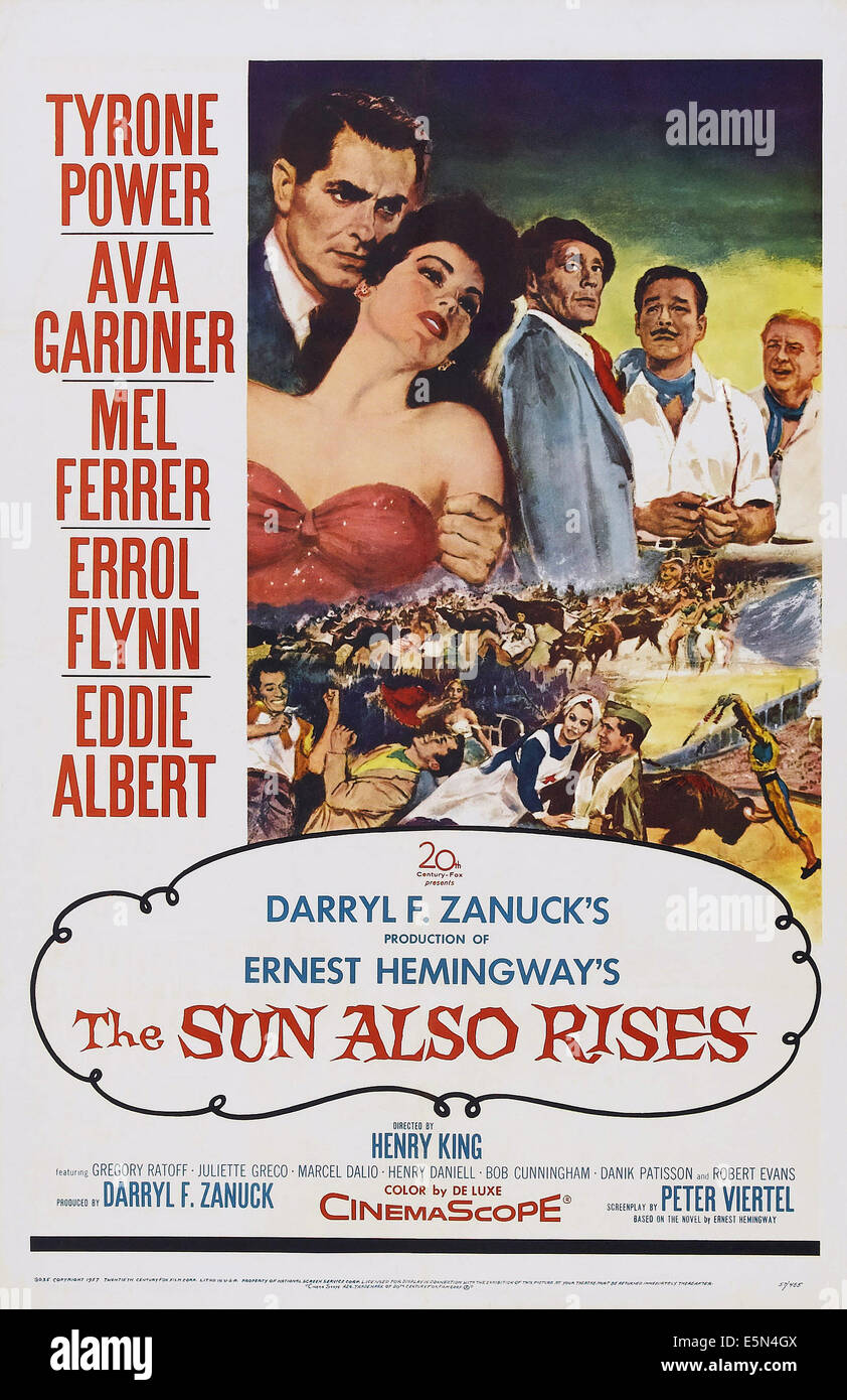 THE SUN ALSO RISES, from left: Tyrone Power, Ava Gardner, Mel Ferrer, Errol Flynn, Eddie Albert ...