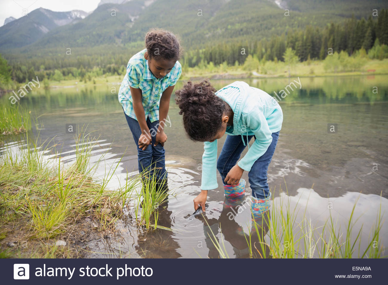 Girls catching fish in lake Stock Photo - Alamy