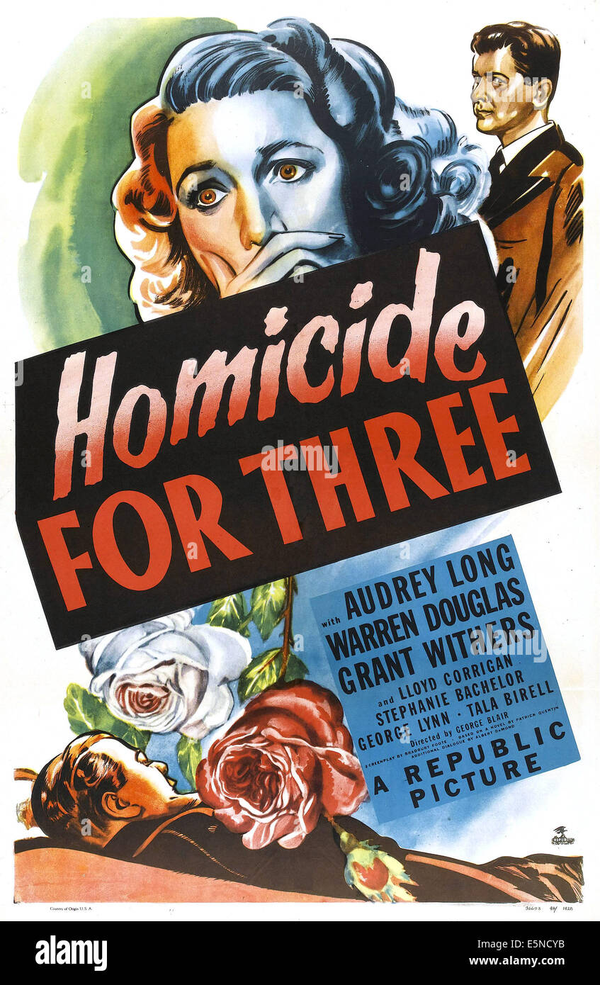 HOMICIDE FOR THREE, US poster, top from left: Audrey Long, Warren ...