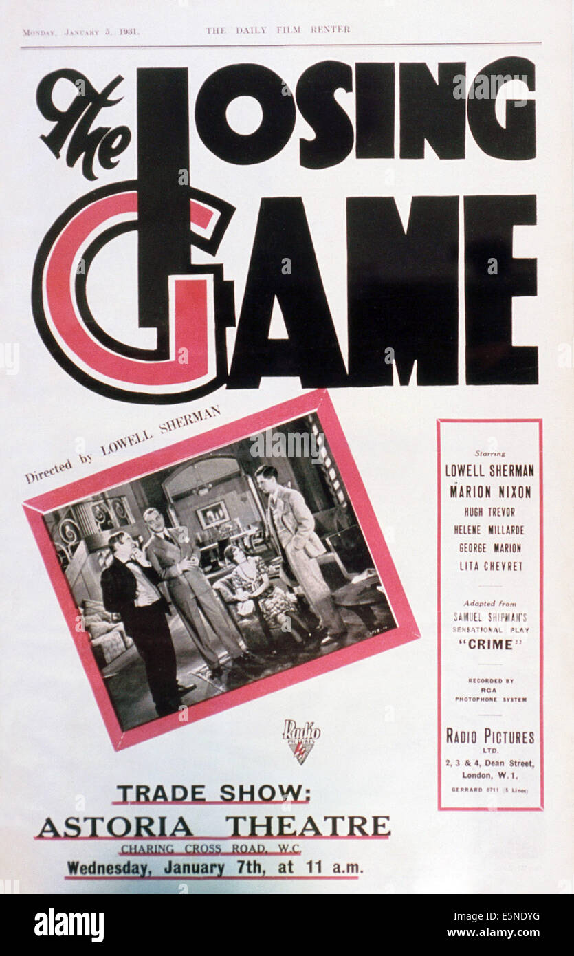 THE LOSING GAME, (aka THE PAY OFF), poster, 1930 Stock Photo - Alamy