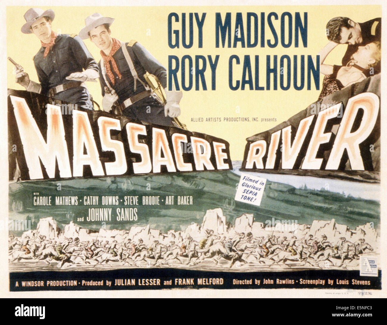 MASSACRE RIVER, from left: Guy Madison, Rory Calhoun, Carole Mathews ...