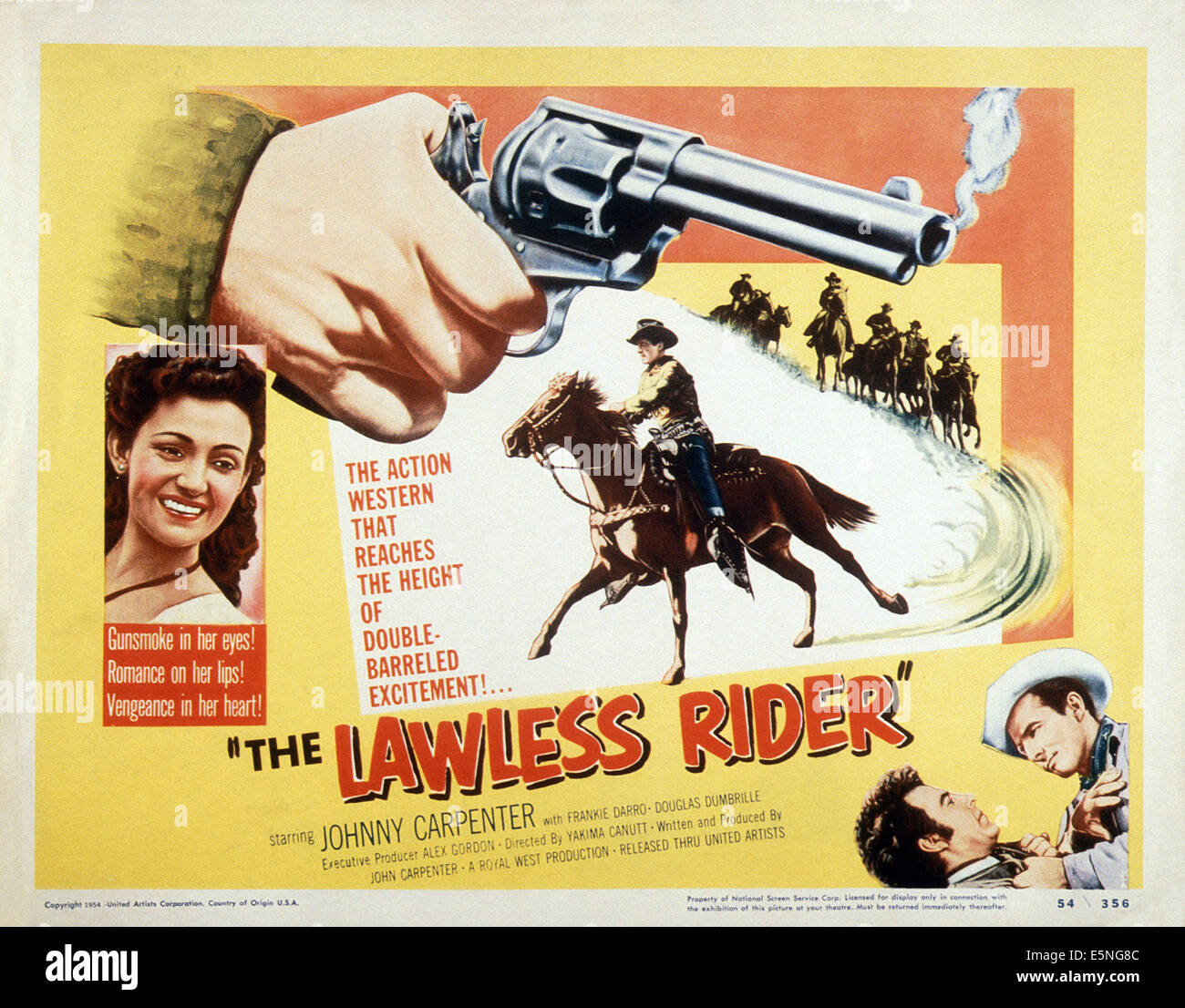 THE LAWLESS RIDER, Rose Bascom (left), Johnny Carpenter (horseback and ...