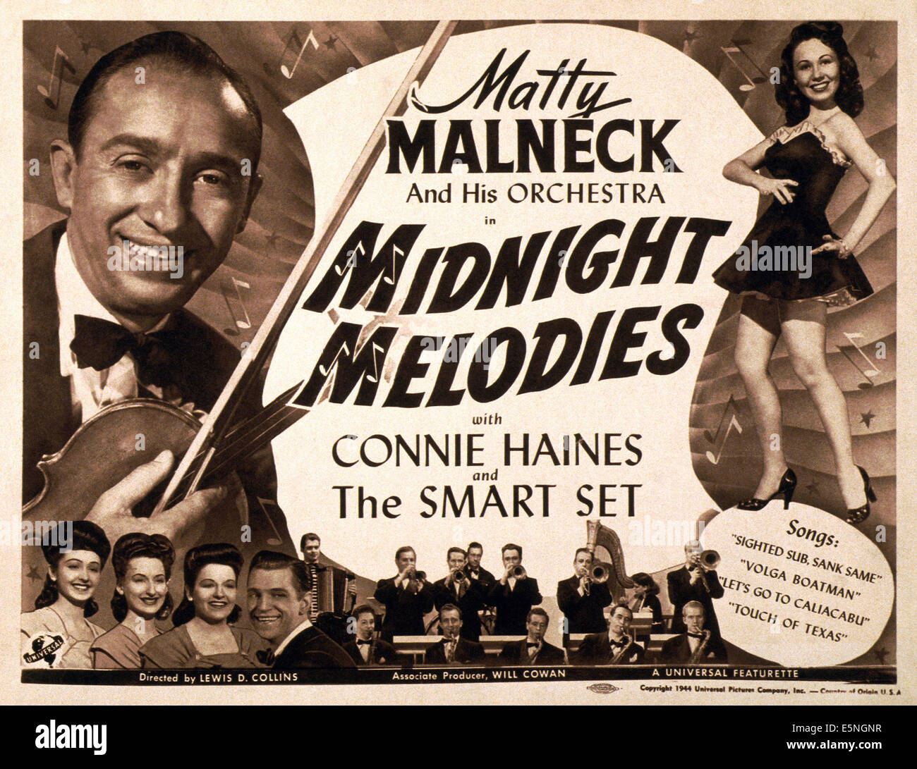 MIDNIGHT MELODIES, US lobbycard, Matty Malneck (top left), Connie ...