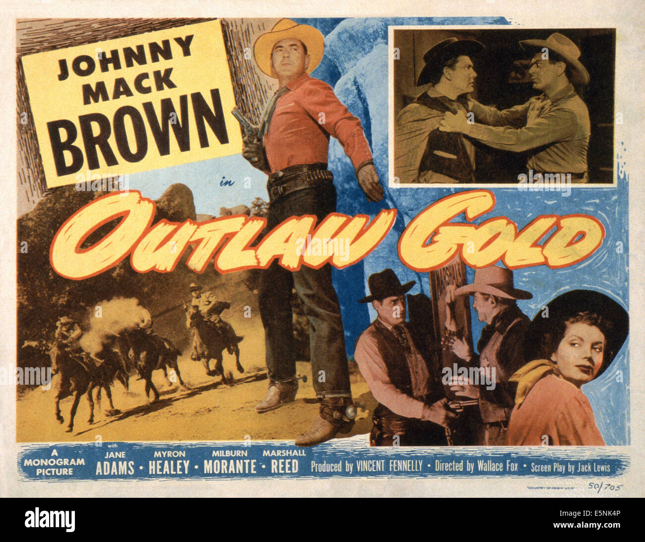 OUTLAW GOLD, US lobbycard, Johnny Mack Brown (center), Jane Adams ...