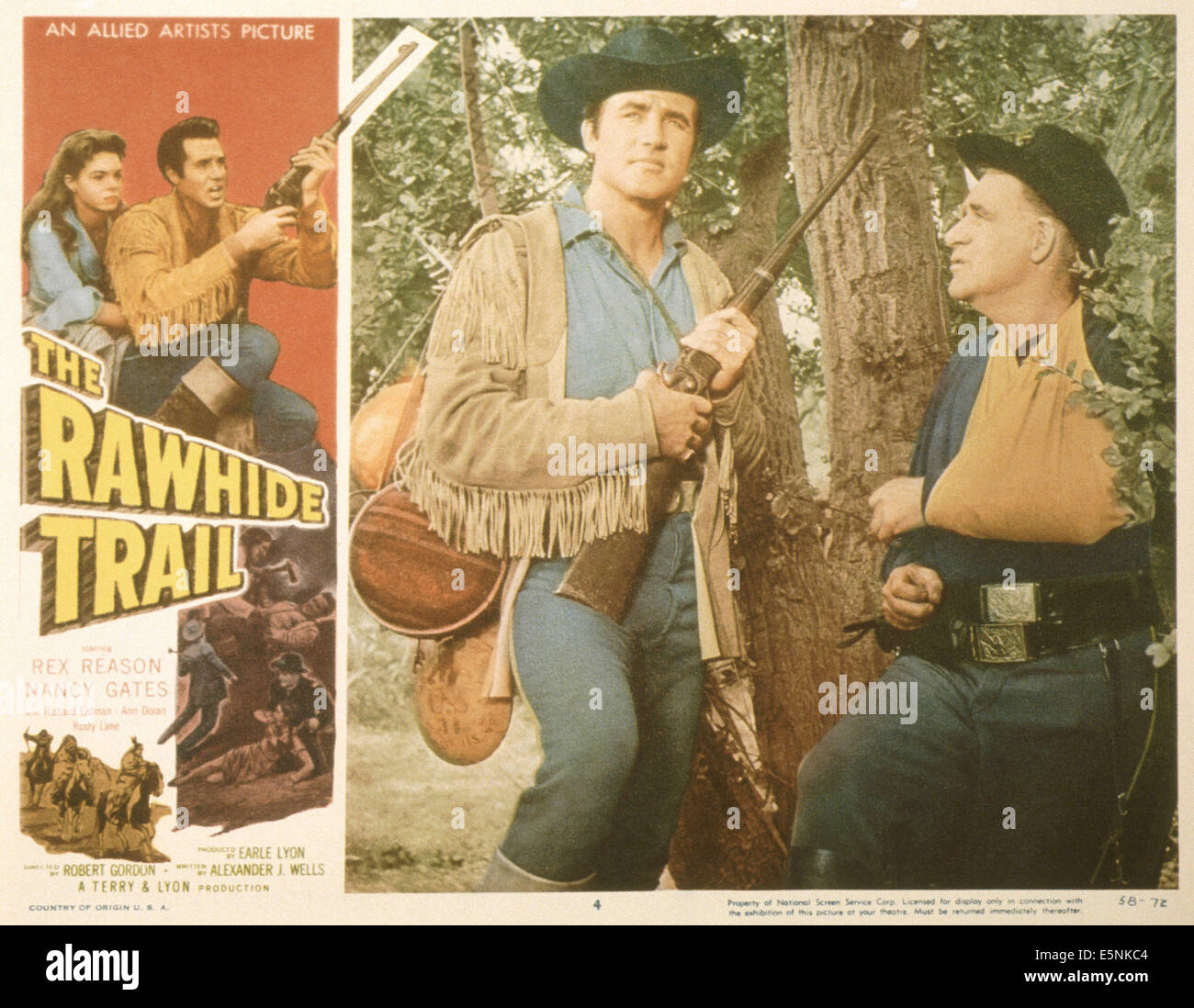 THE RAWHIDE TRAIL, US lobbycard, from left: Nancy Gates, Rex Reason ...