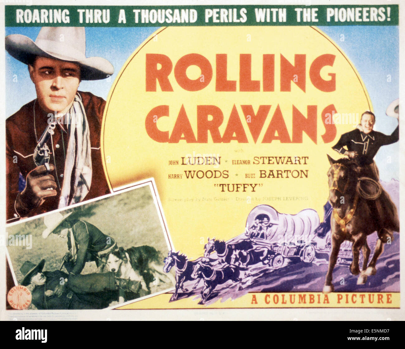 ROLLING CARAVANS, US poster, Jack Luden (gun and horseback), 1938 Stock ...