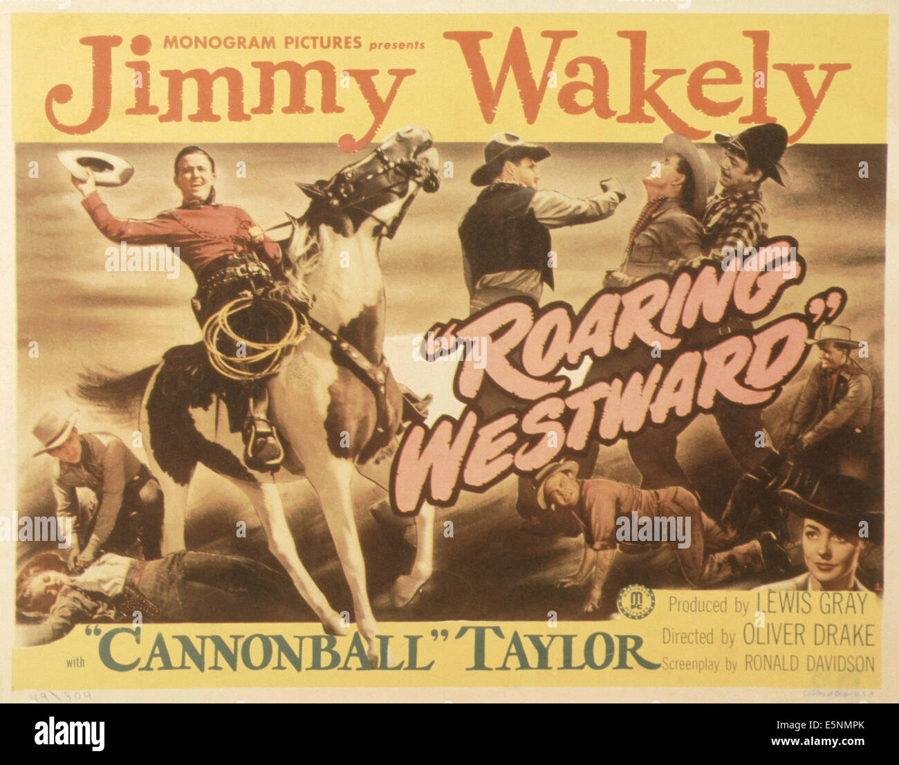 ROARING WESTWARD, US poster, Jimmy Wakely (horseback), Dub Taylor (0n ...